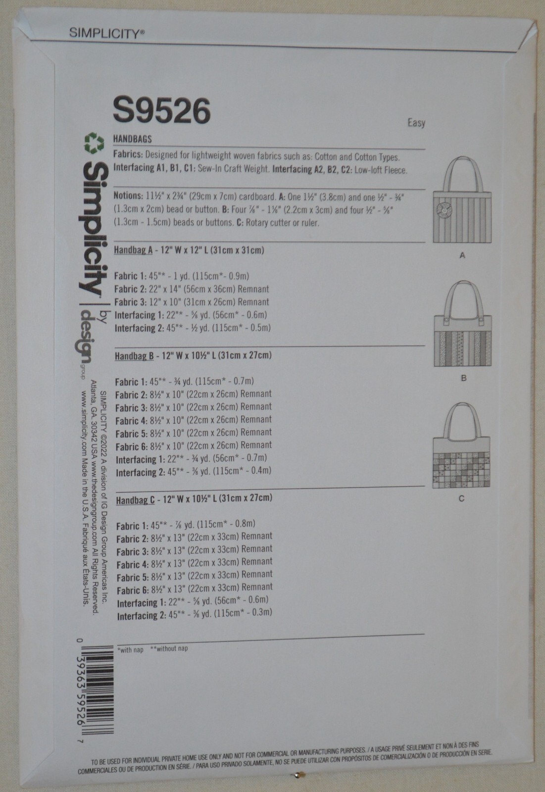 S9526 Sewing Pattern Quilted Handbags Purses 2 Sizes Craft Simplicity ...