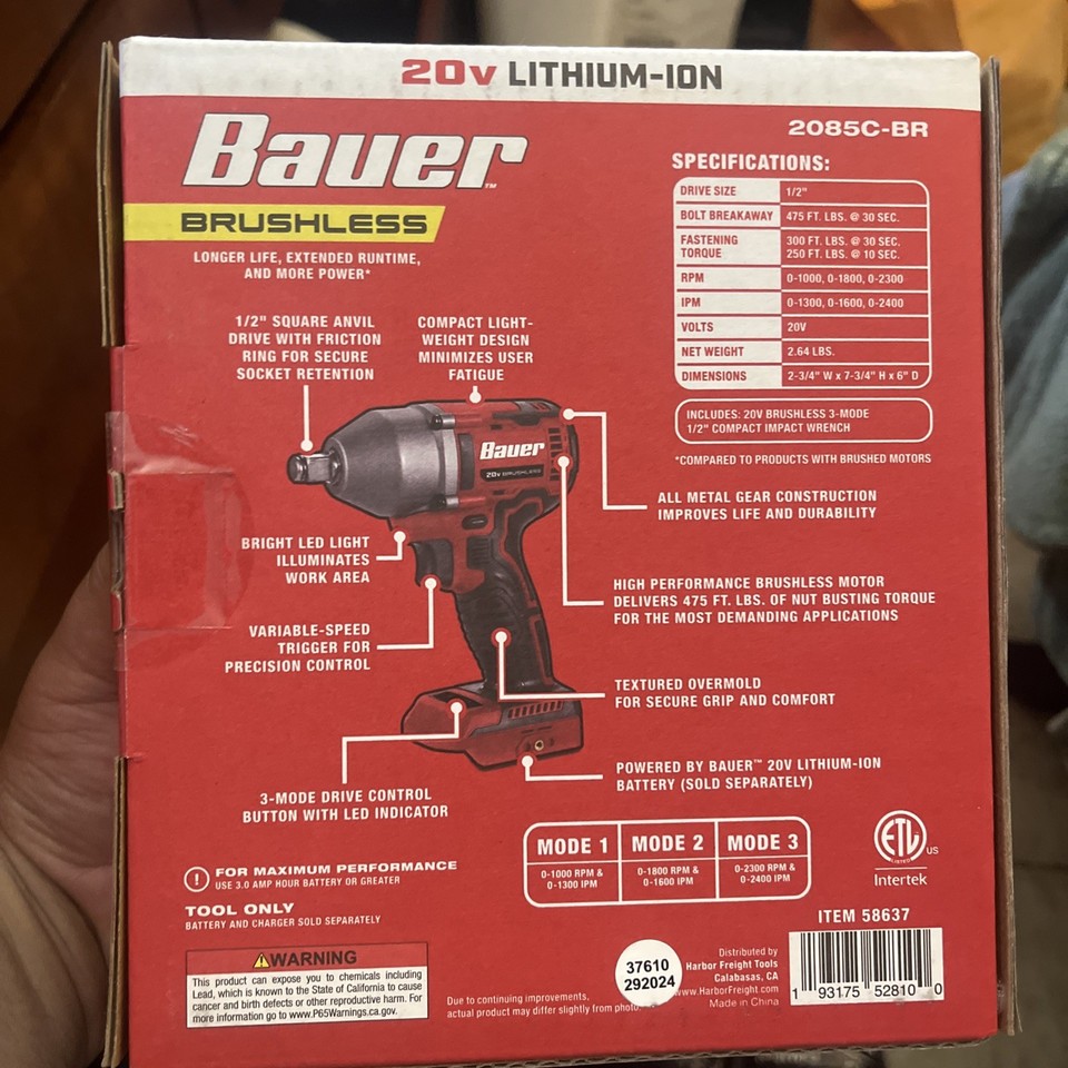 New Bauer 2085C-BR 20V Brushless 3 Mode Compact 1/2" Impact Wrench ...