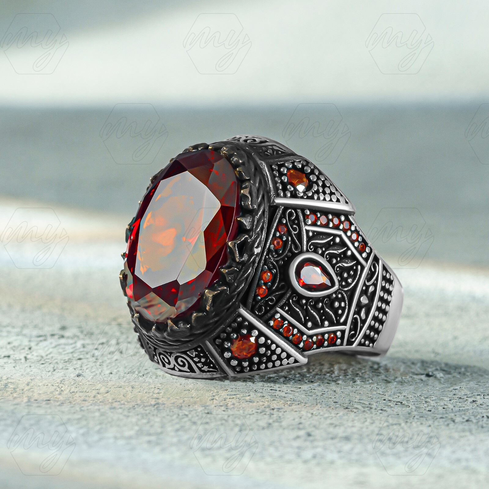 925 Sterling Silver Red Cubic Zirconia Stone Turkish Handmade Men's ...