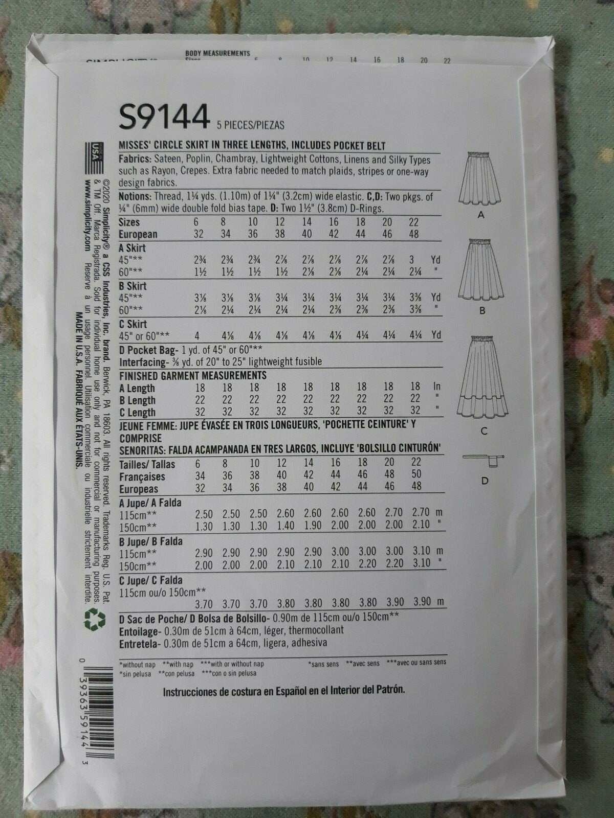 Simplicity Sewing Pattern 9144 S9144 Women's Circle Skirt Size 6-14 New ...