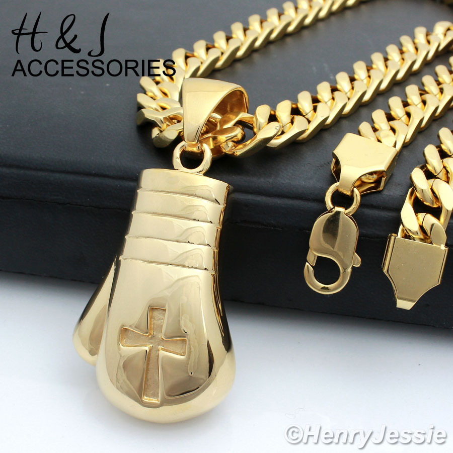 18-40"Stainless Steel 9x4mm Gold Plated Cuban Curb Chain Boxing Glove ...