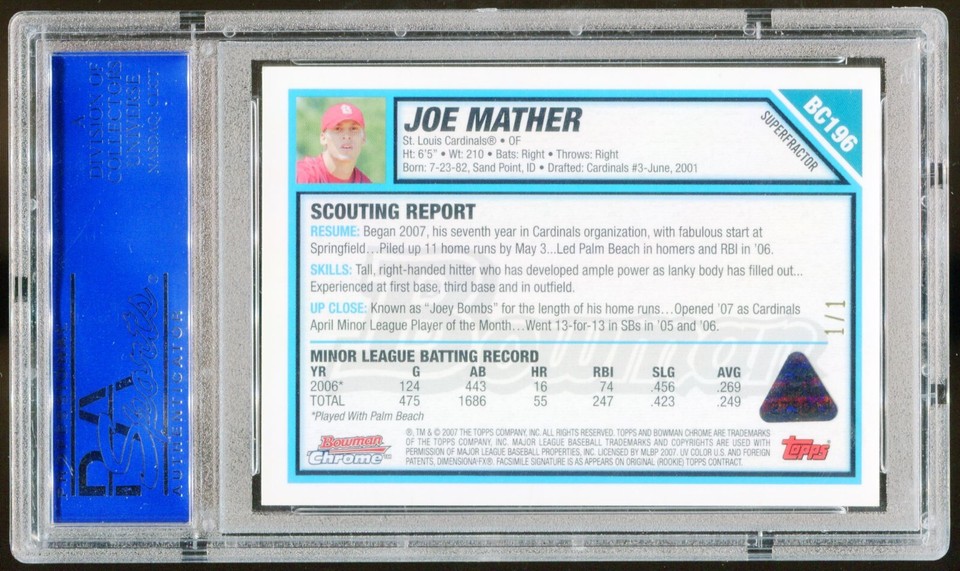 Joe Mather 2007 Bowman Chrome Pros. #BC196 SUPERFRACTOR RC ROOKIE! PSA ...