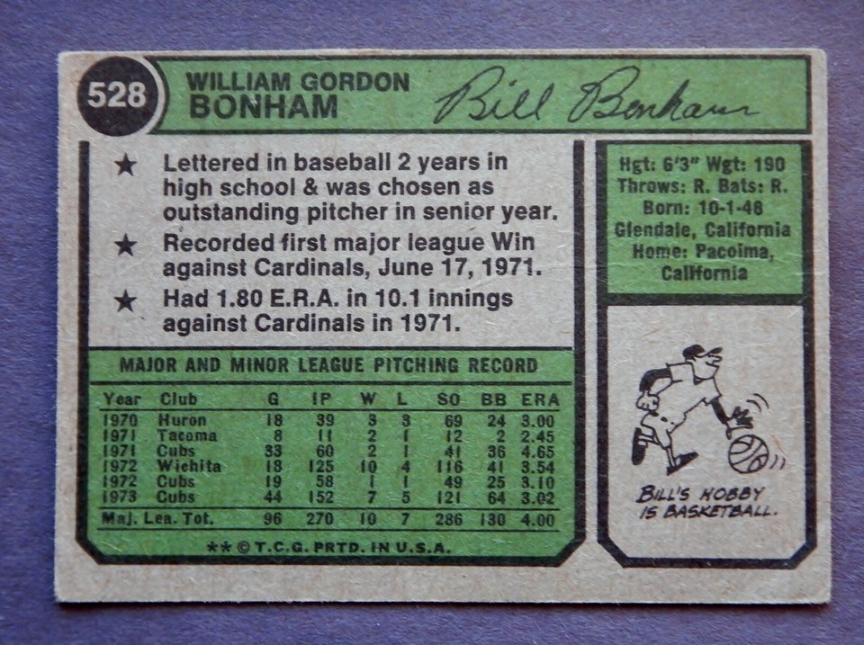 Bill Bonham #528 Topps 1974 Baseball Card (Chicago Cubs) VG | eBay