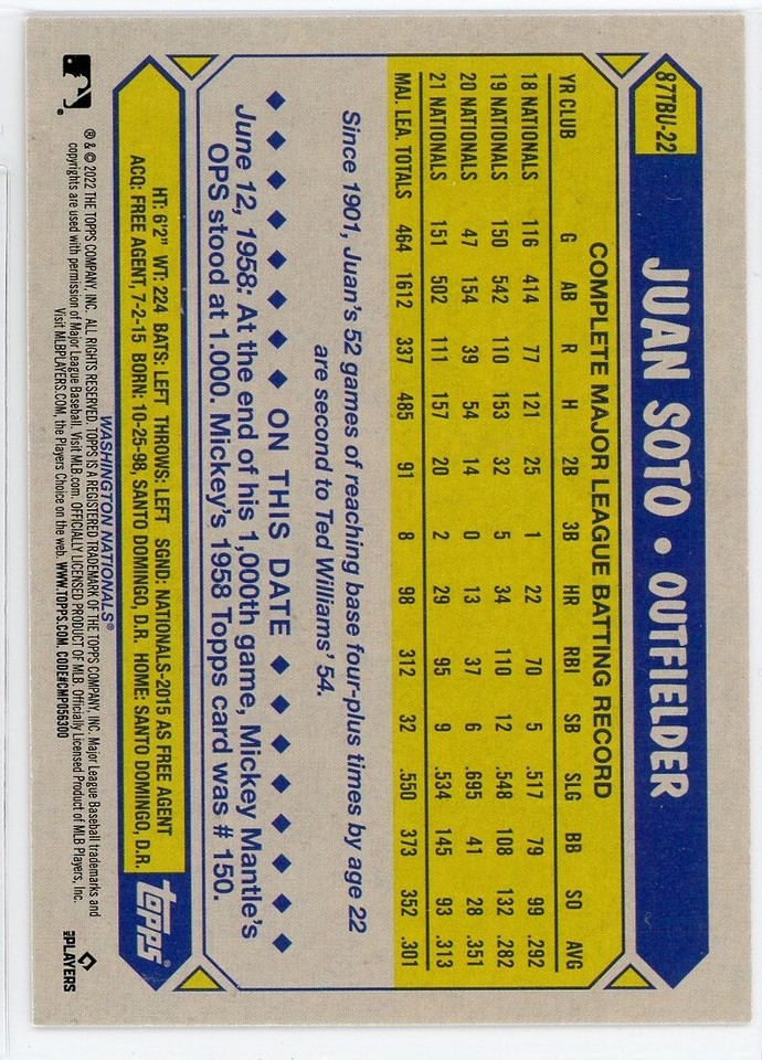 2022 Topps Update '87 Topps #87TBU22 Juan Soto | eBay