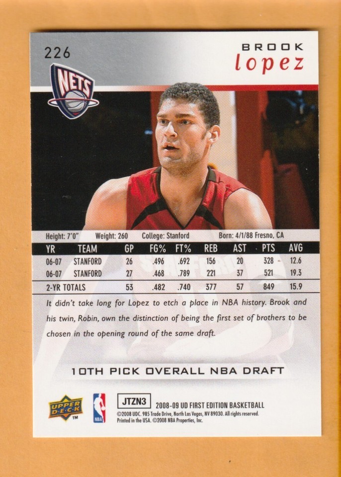 Brook Lopez Stanford Cardinal 2008-09 Upper Deck First Edition #226 RC ...