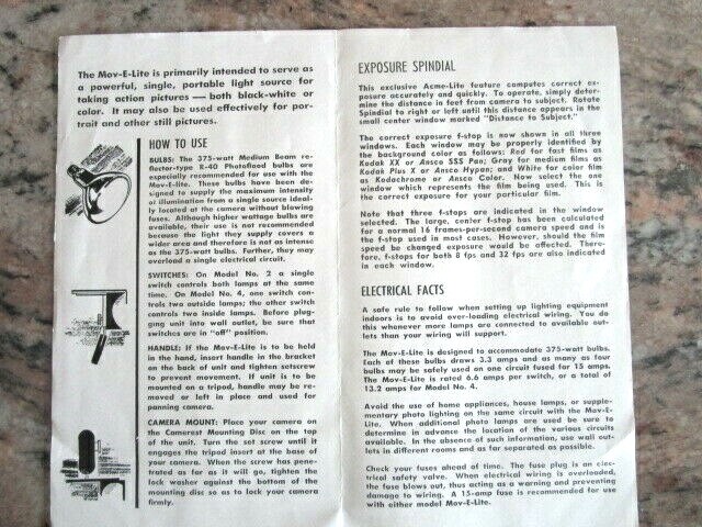 Vintage Acme-Lite MOV-E-LITE Brochure INSTRUCTIONS for Model No 2 ...