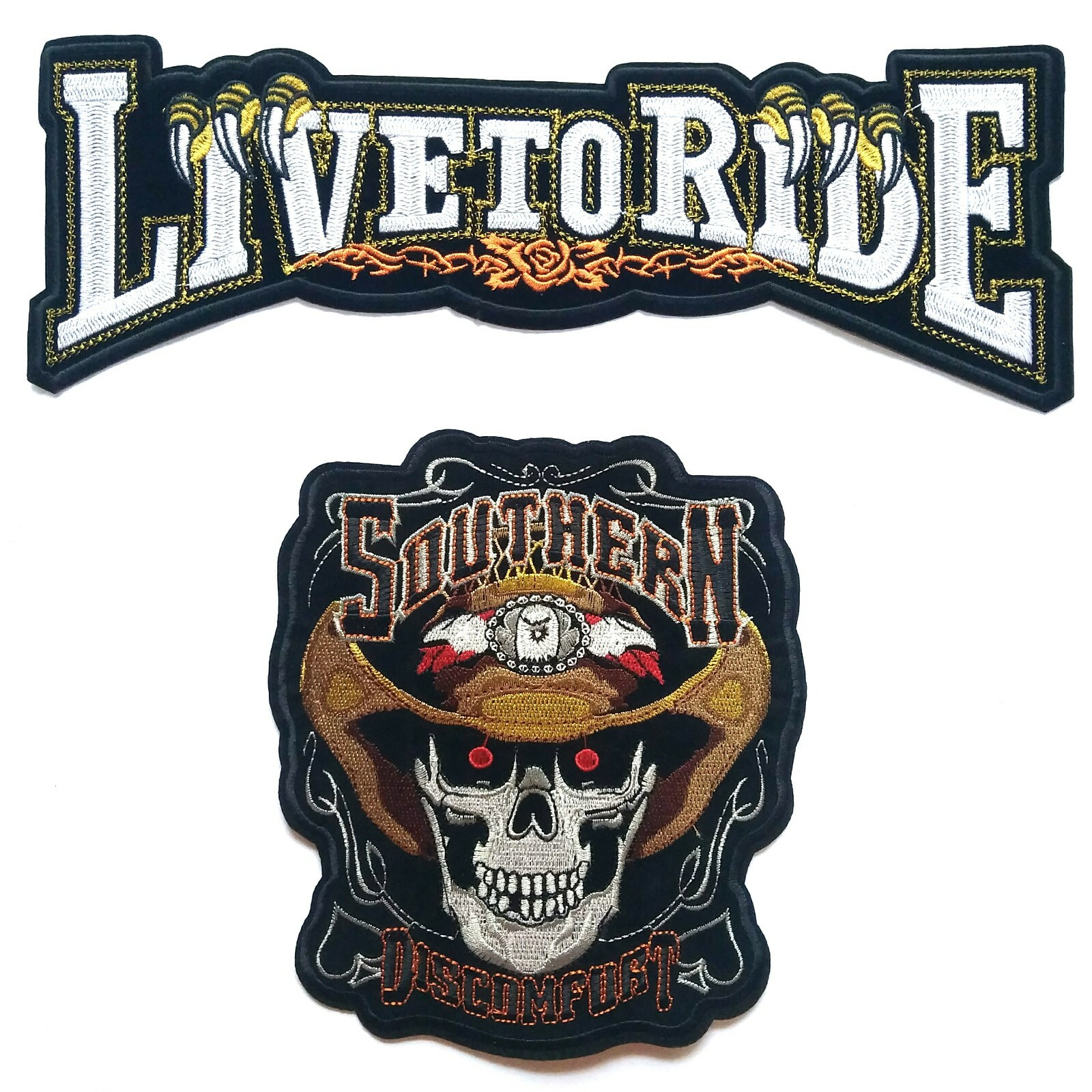 Large 2pcs Live to Ride+ Skull Southern Discomfort MC Biker Iron On ...