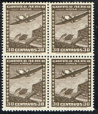 CHILE 1944 AIR MAIL STAMP # 338 MNH BLOCK OF FOUR AIRPLANE | eBay