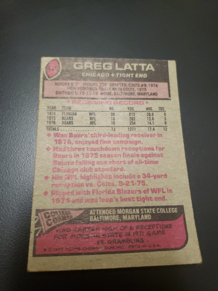 Greg Latta Chicago Bears 1977 Topps #439 | eBay