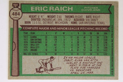 ERIC RAICH Cleveland Indians USC 1st Pick Autograph 1976 Topps #484 ...