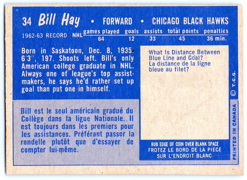BILL HAY 63-64 TOPPS 1963-64 NO 34 EX+ 3968 | eBay