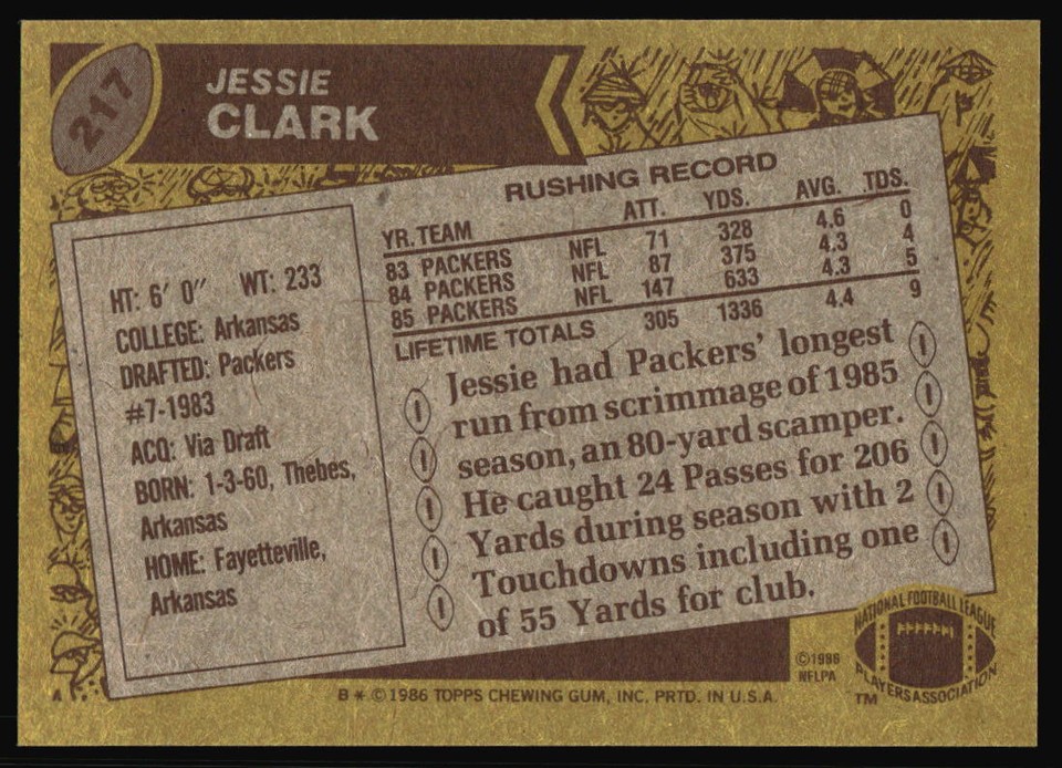 1986 Topps Jessie Clark Rookie #217 Green Bay Packers | eBay