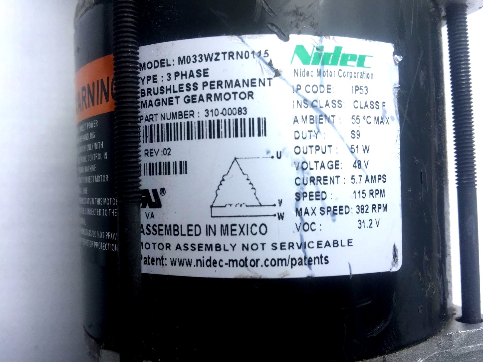 NIDEC 3 PHASE BRUSHLESS PERMANENT MAGNET GEAR MOTOR M033WZTRN0115 Fast ...