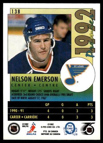 1991-92 O-Pee-Chee Premier Nelson Emerson St. Louis Blues #138 | eBay