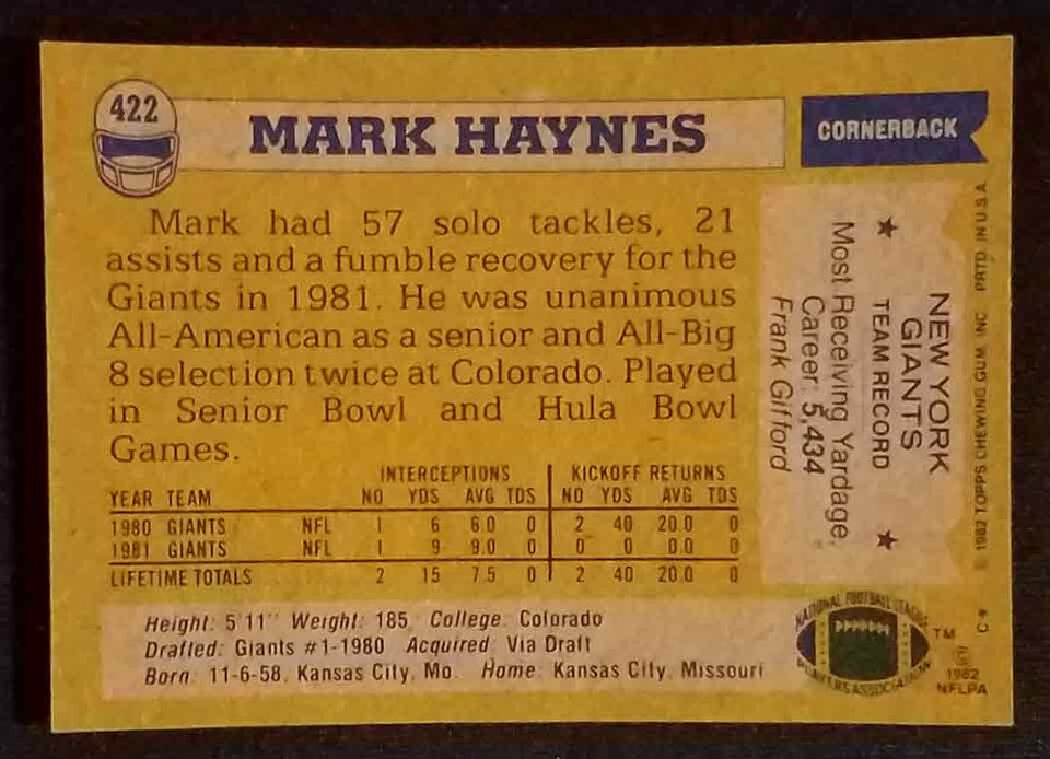 1982 Topps #422 Mark Haynes Rookie RC New York Giants NM-MINT | eBay
