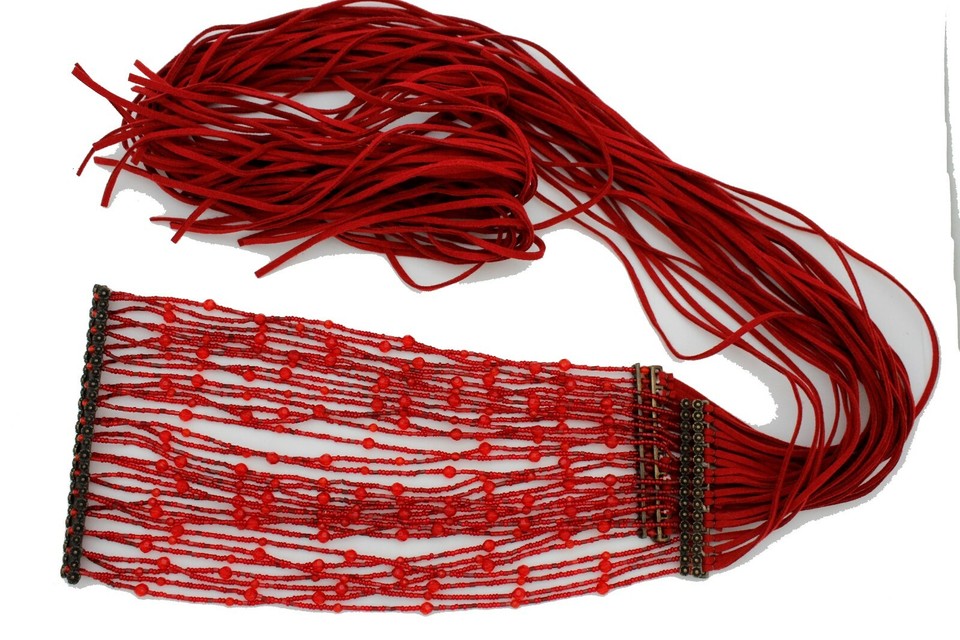 Women Bohemian Style Gold Metal Flower Charms Red Strings Tie Wrap Belt ...