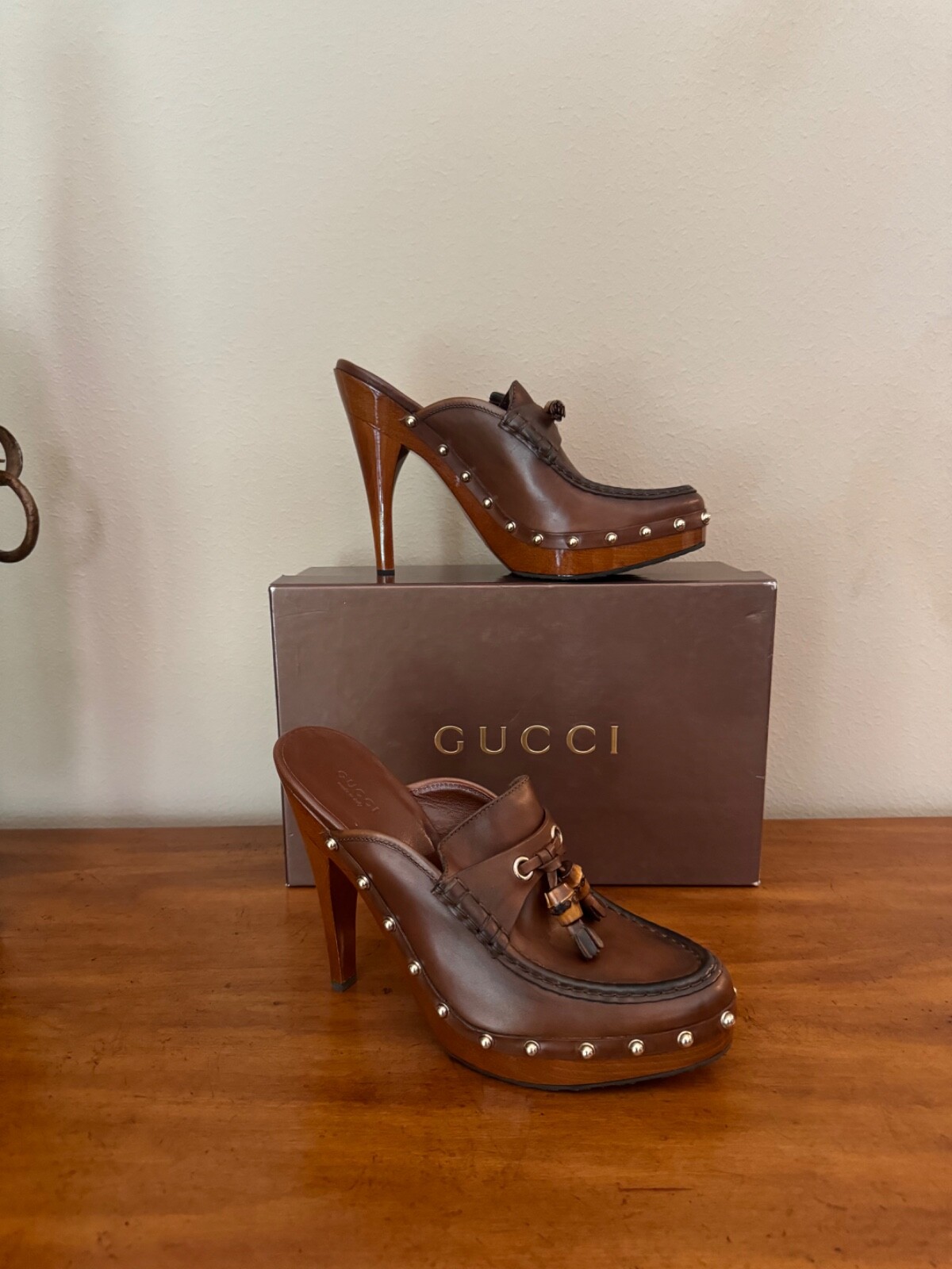 Gucci Brown Leather Bambo Tassel Platform Clog Sandals Size 9.5 with ...