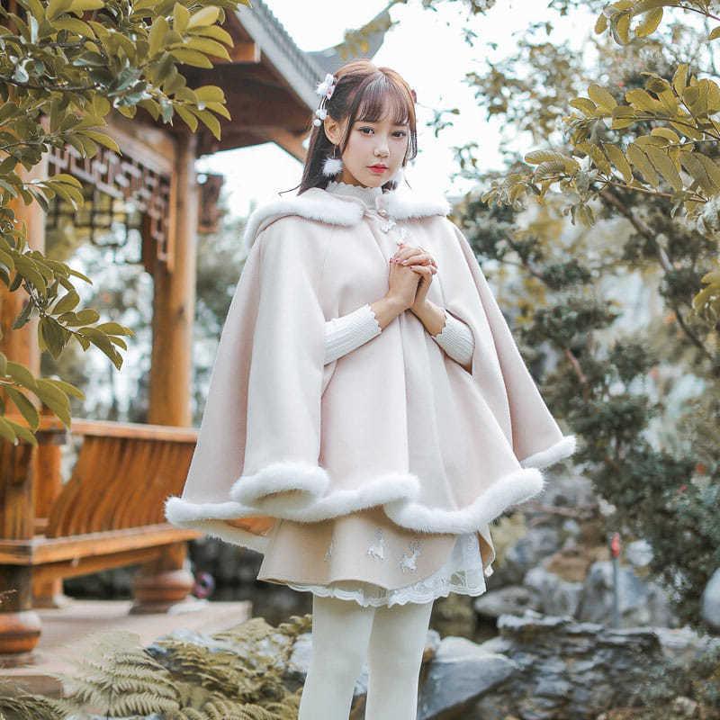 Lady Hooded Cape Chinese Hanfu Frog Button Fluffy Cloak Shawl Poncho ...