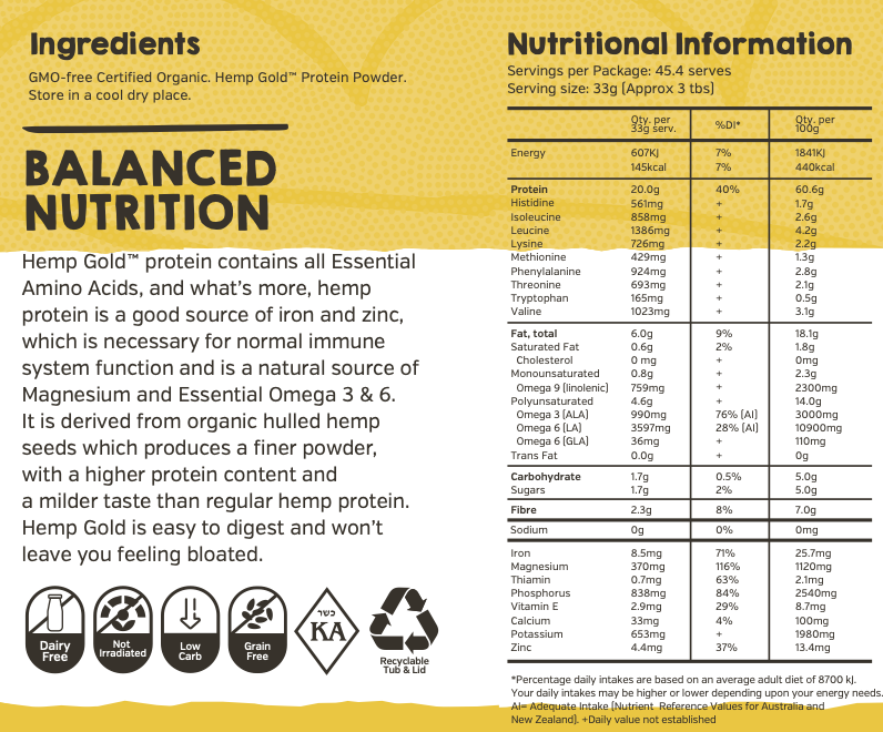 Hemp Foods Australia Organic Hemp Gold Protein 1.5kg | eBay Australia