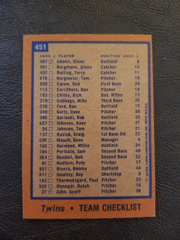 MINNESOTA TWINS TEAM CARD 1978 TOPPS BASEBALL CARD #451 MINT UNMARKED ...