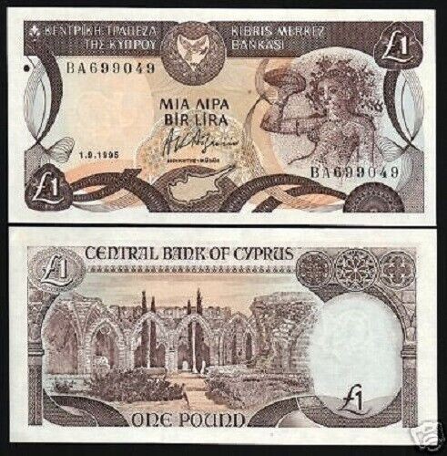 Cyprus £1 POUND P-53 1995 Pre Euro UNC Cypriot Abbey World Currency ...