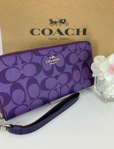 COACH Purple Signature Logo Long Wallet Round Zip with Strap Rare New ...