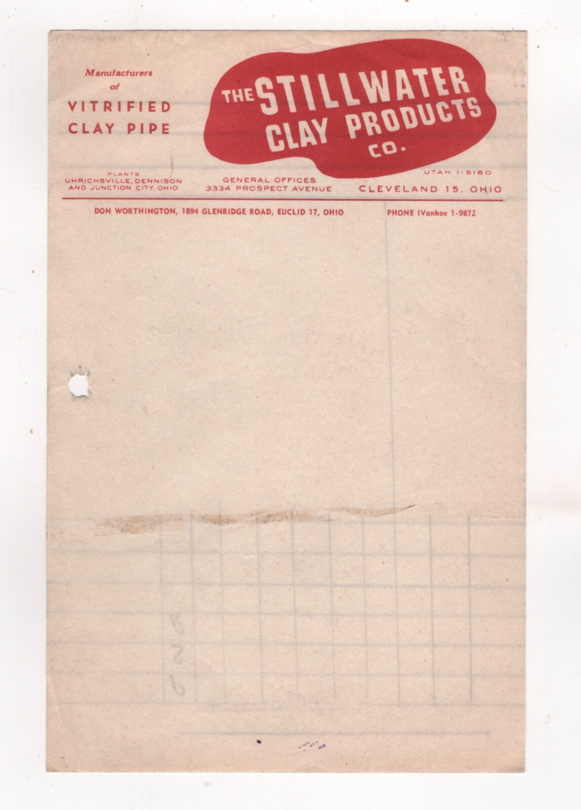 1894 UNUSED STILLWATER CLAY PRODUCTS BILLHEAD VITRIFIED CLAY PIPE ...