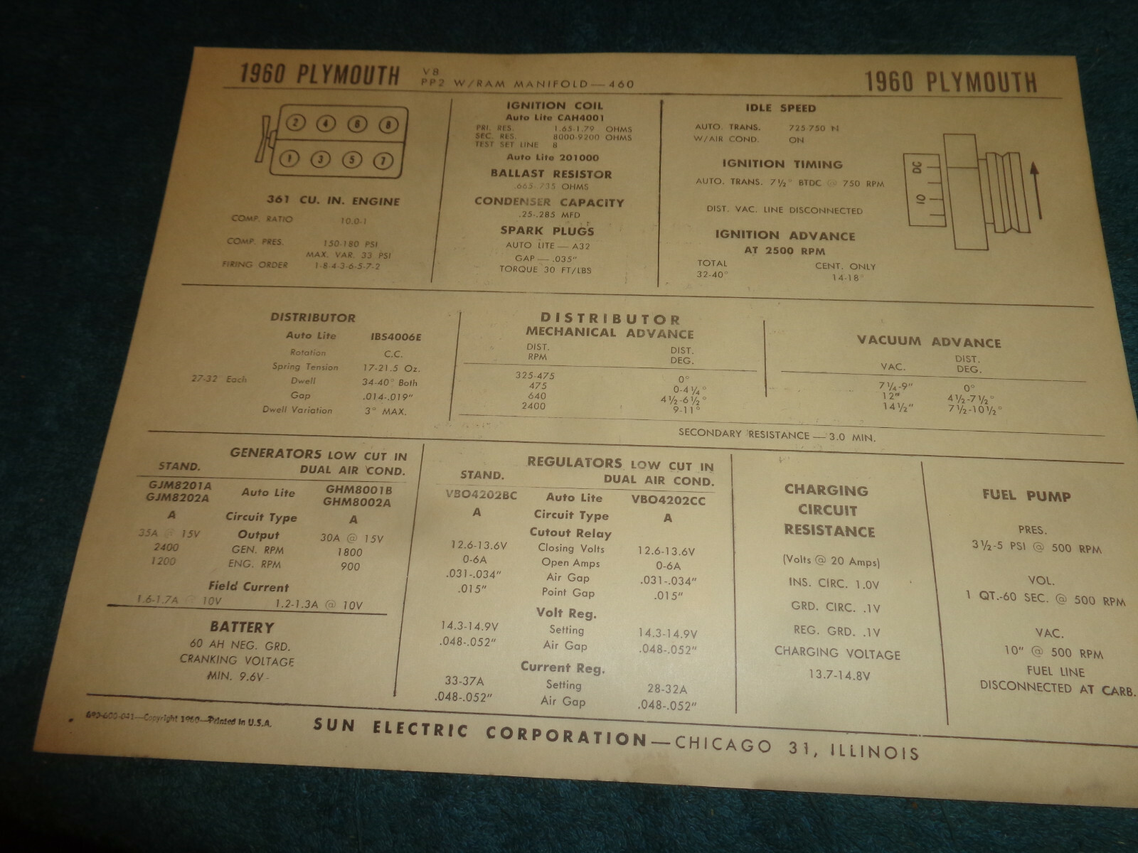 1960 PLYMOUTH 361 V8 ENGINE SUN TUNE-UP CHART / WITH RAM MANIFOLD ...