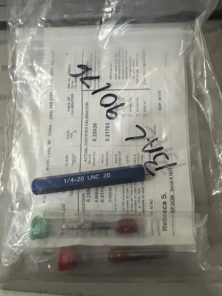 Balax GWS 90176-000 1/4-20 UNC-2B Go/No Go Thread Plug Gage Certs FREE ...