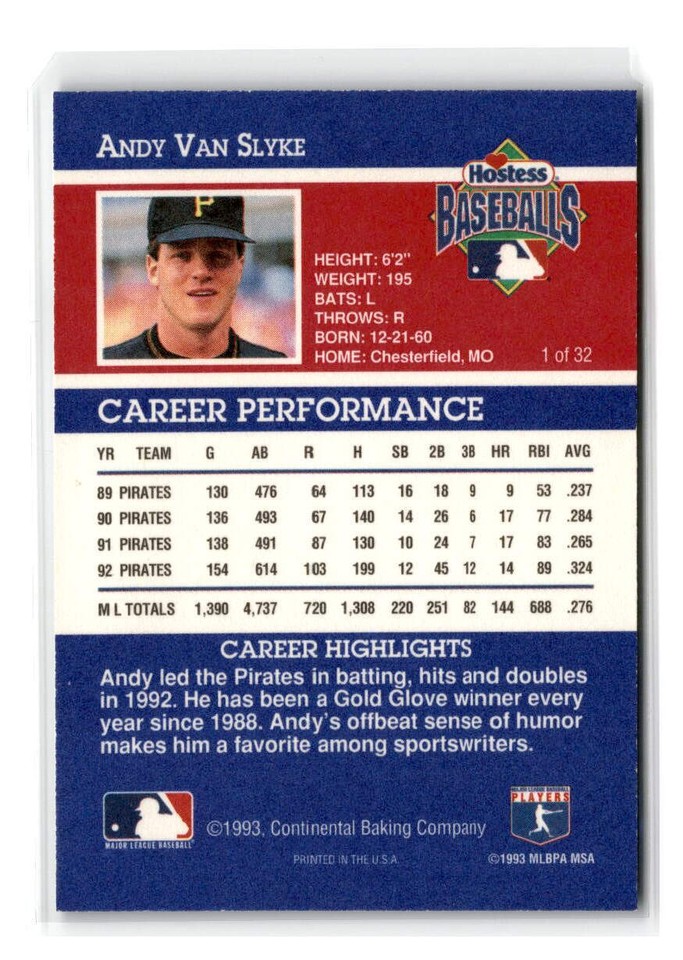 1993-Hostess -#1-Andy Van Slyke -Pittsburgh Pirates | eBay