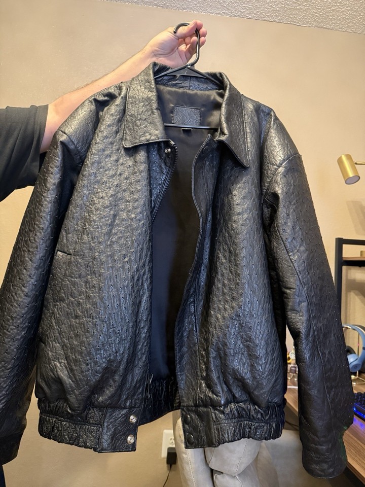 Men Ostrich Embossed Leather Jacket Men Black Ostrich Leather Full Zipp ...
