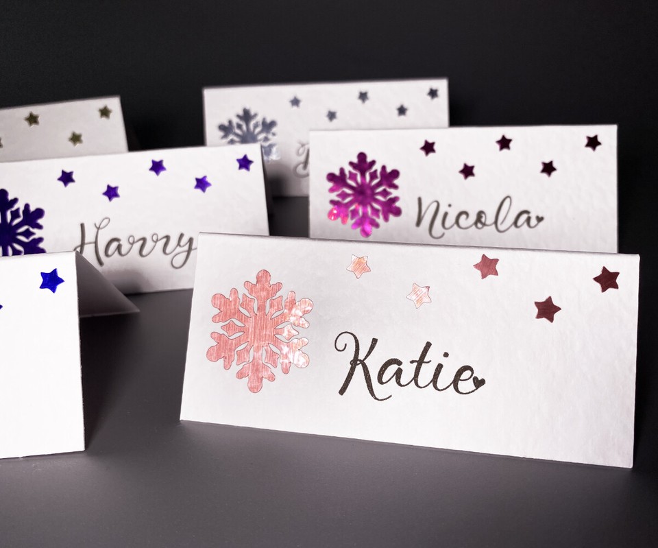 6x Christmas snowflake place CARDS personalised NAME wedding table ...