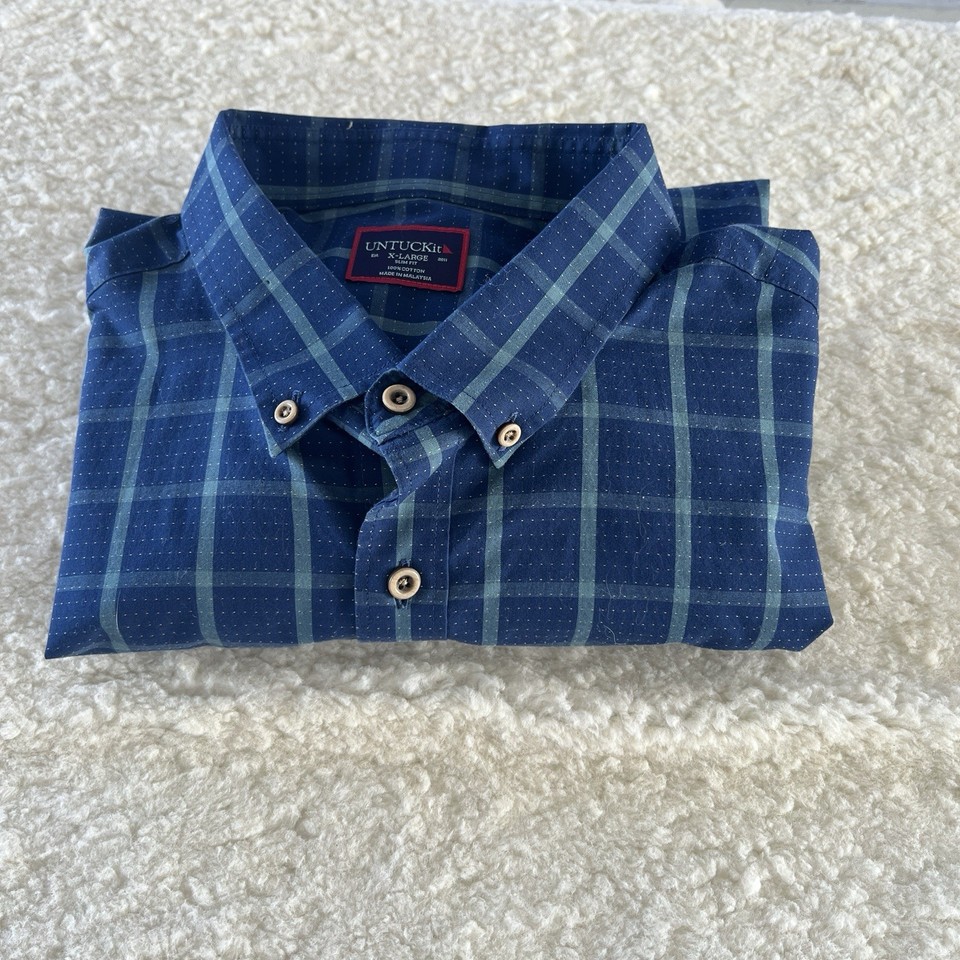 Untuckit Corison Shirt XL Men’s Blue Plaid Button Down Wrinkle Free | eBay