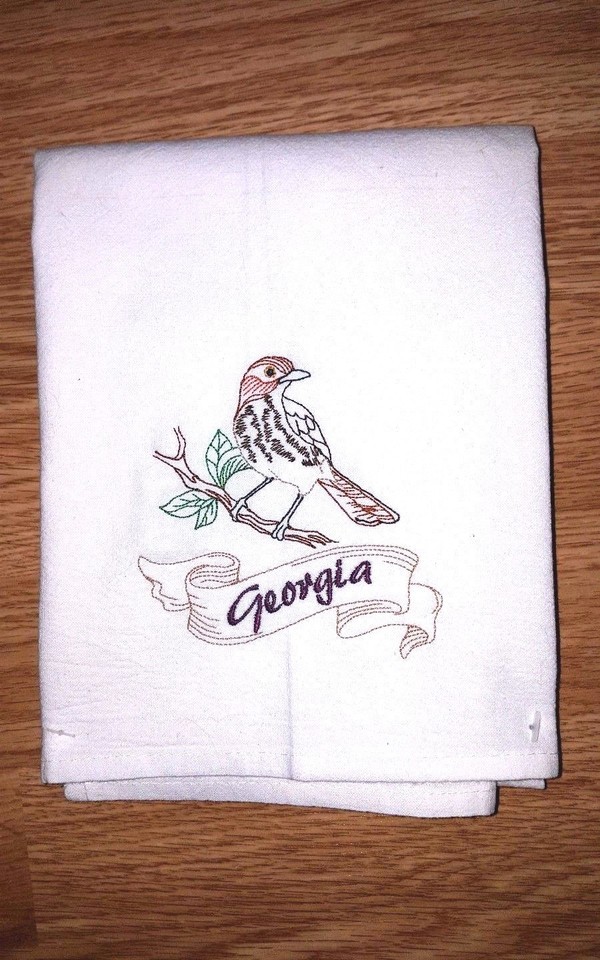 STATE BIRD-GEORGIA-BROWN THRASHER MACHINE EMBROIDERED FLOUR SACK DISH ...