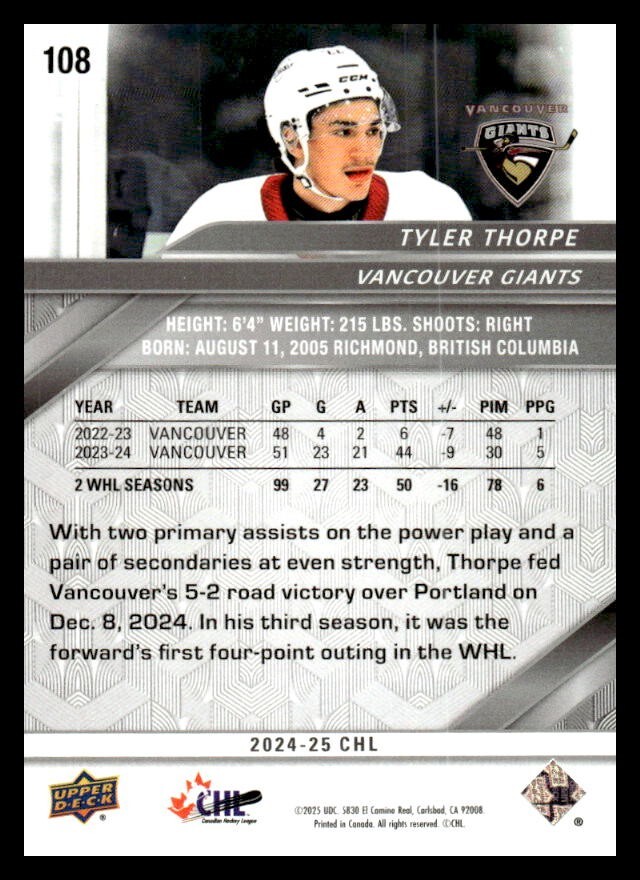2024-25 UD CHL Base 108 Tyler Thorpe - Vancouver Giants | eBay