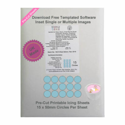 Edible Icing Sheets for Printing, 15 x 50mm Pre-Cut Circles per Sheet ...