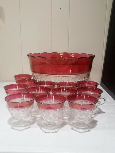 Vintage Indiana Glass Kings Crown Ruby Punch Bowl Set W/ 12 Footed Cups ...