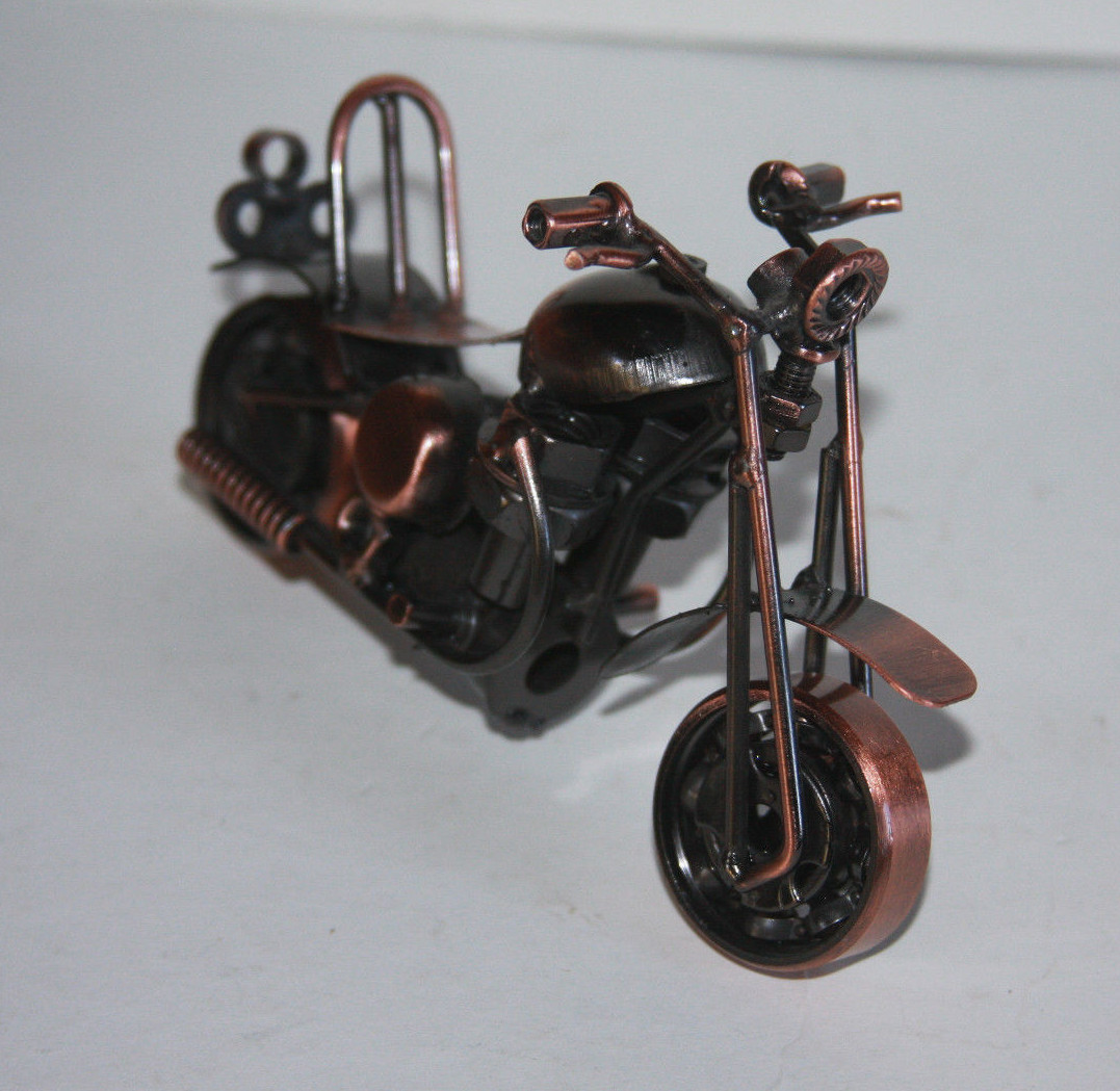 Heavy Welded Motorcycle Sculpture Bronze Nick-Knack Rolling Wheels 5 1/ ...