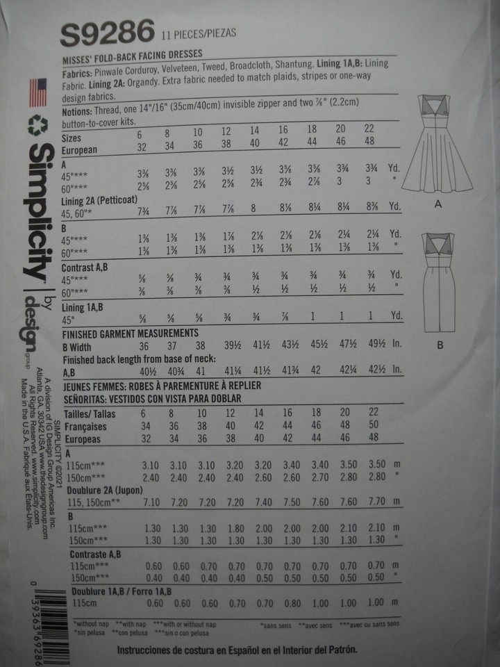 Retro Dresses Fold Back Facing Misses size 14-22 Simplicity 9285 Sewing ...