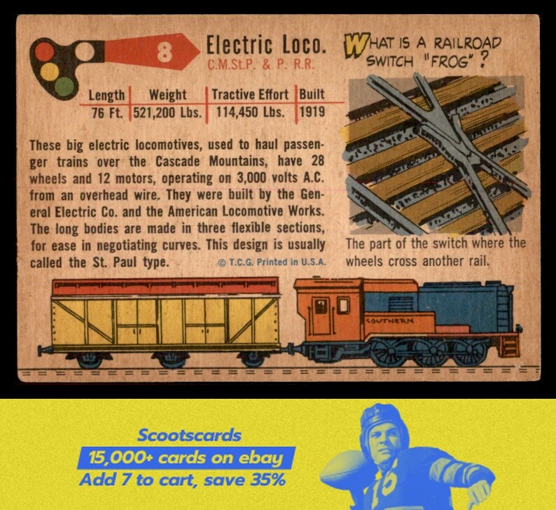 1955 Topps Rails and Sails card #8 Electronic Locomotive C.M.St. P&P ...