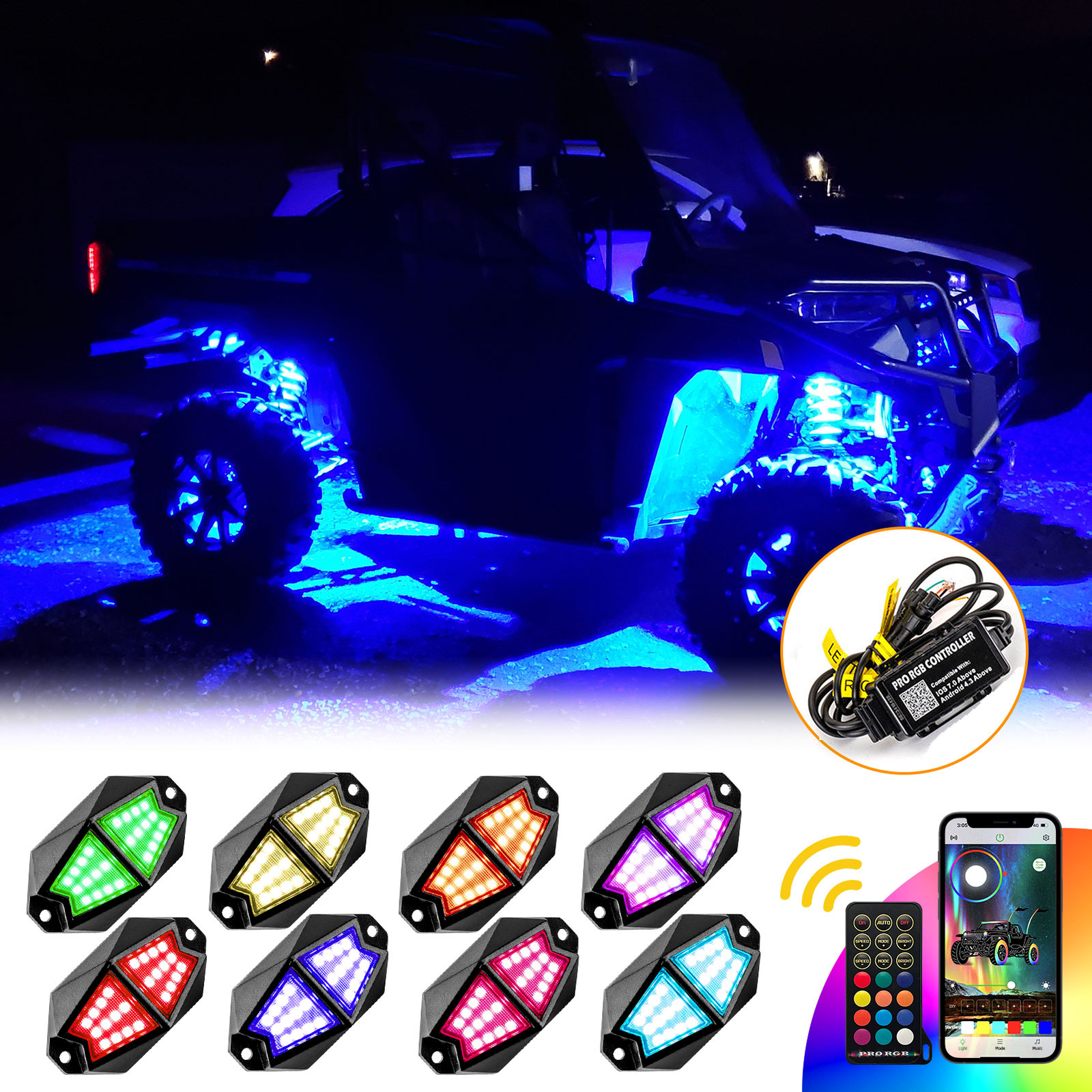 8x Curved RGB LED Rock Lights For Off-Road Underglow Polaris RZR ...