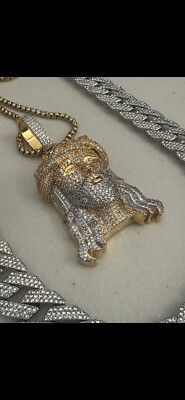 Jesus Piece Pendant Cuban Necklace Silver Tone Chain 2-Tone Fully Iced ...