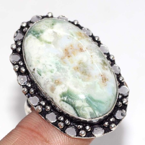 925 Silver Plated Tree Agate Ring Handmade Gemstone Jewelry Size US 10. ...