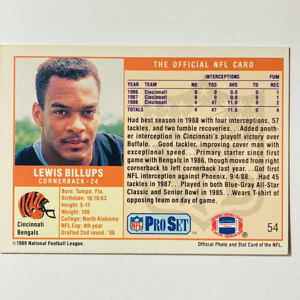 1989 Pro Set Lewis Billups Rookie Cincinnati Bengals #54 Football Card ...