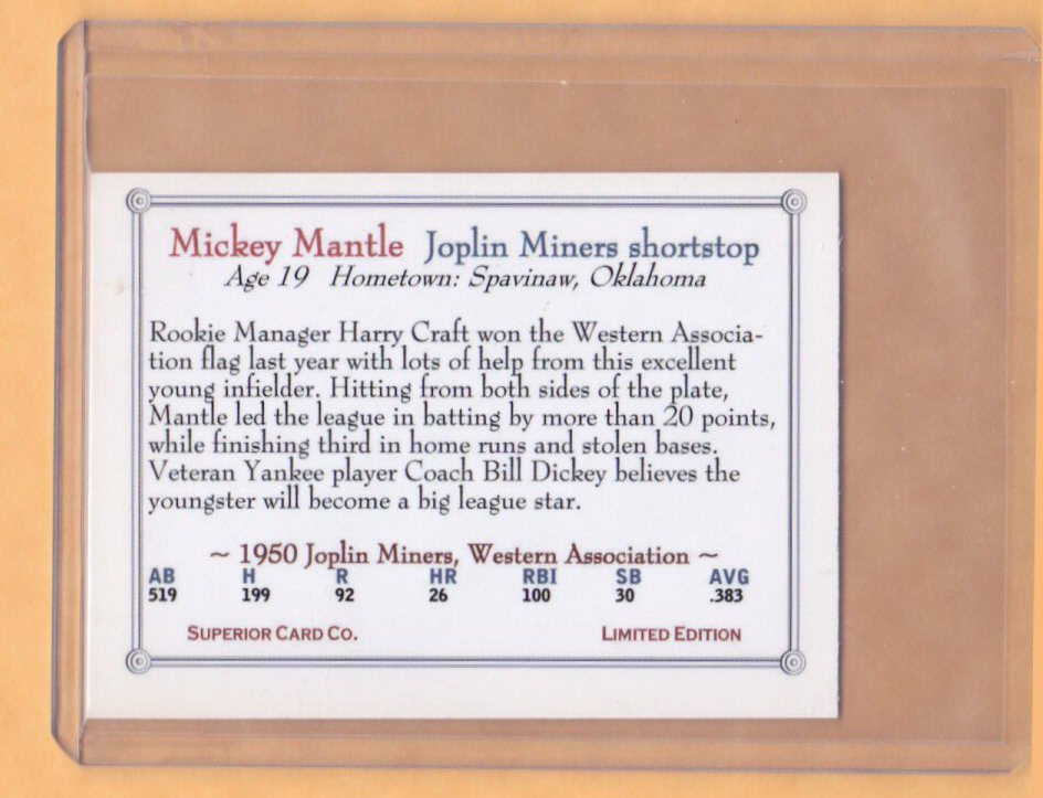 MICKEY MANTLE '50 JOPLIN MINERS RARE MINOR LEAGUE CARD, SUPERIOR CARD ...
