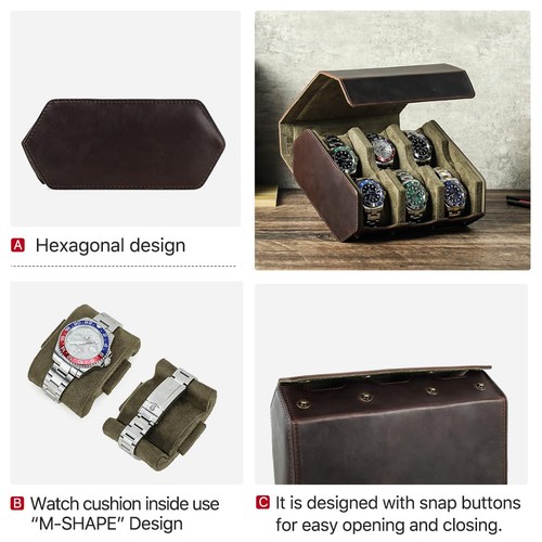 Genuine Leather Hexagon Watch Roll Travel Case, Leather 6-Watches Roll ...