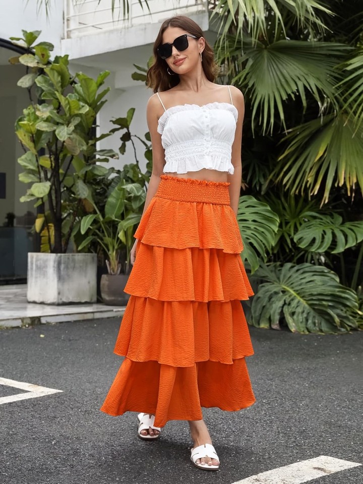 Women's Tiered Maxi Skirt Flowy Long Elastic High Waisted Layered ...