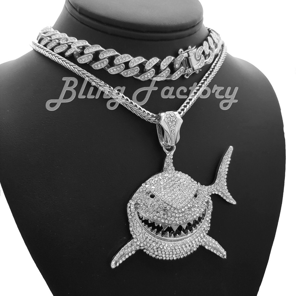 6ix9ine Large Shark Pendant 18" Franco & Iced Cuban Chain Hip Hop ...