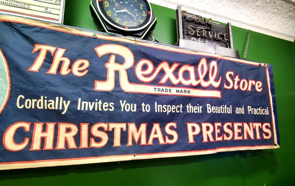 1920's Rexall Christmas Santa cloth muslin sign, see my porcelain neon ...