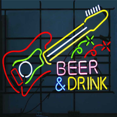 Beer and Drink Guitar Real Glass Neon Sign Light Bar Pub Nightlight ...